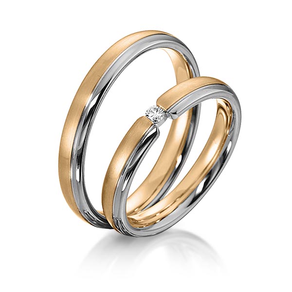 Pair bicolor wedding bands in Rosé gold 14K (585/1000) Palladium - Silver 800 with in total 0,05 ...
