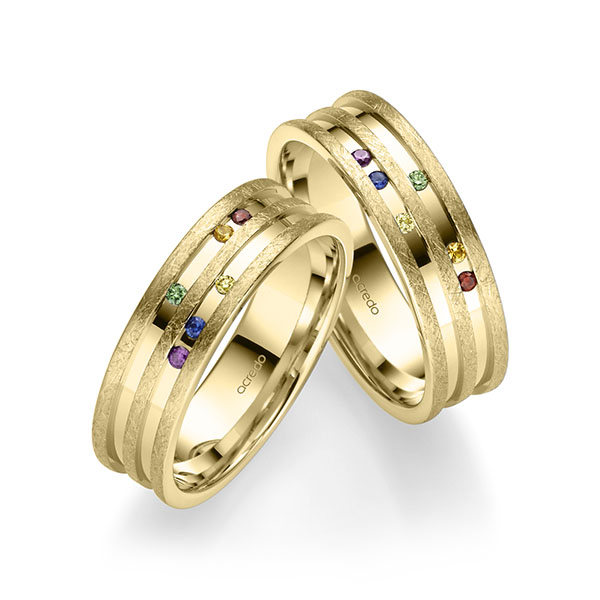 Set Klassieke trouwringen in geelgoud 14 kt. met in totaal 0,18 ct ...